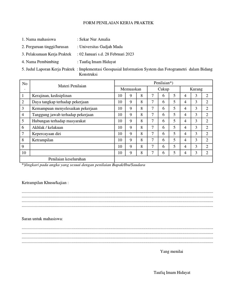 Form Penilaian Kerja Praktik UGM | PDF