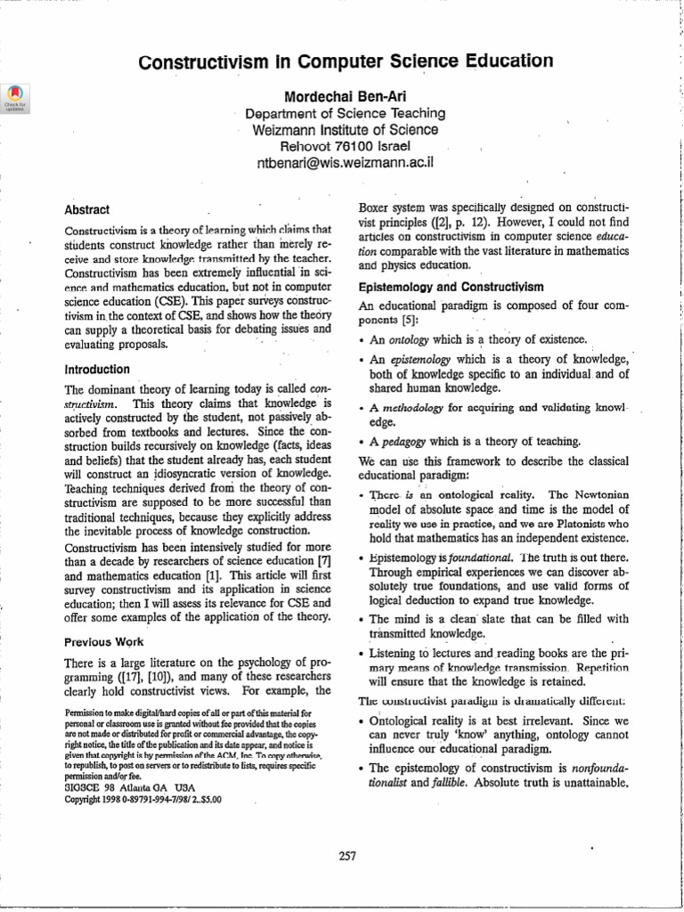 Constructivism in Computer Science Education: Mordechai Ben-Ari | PDF | Constructivism ...