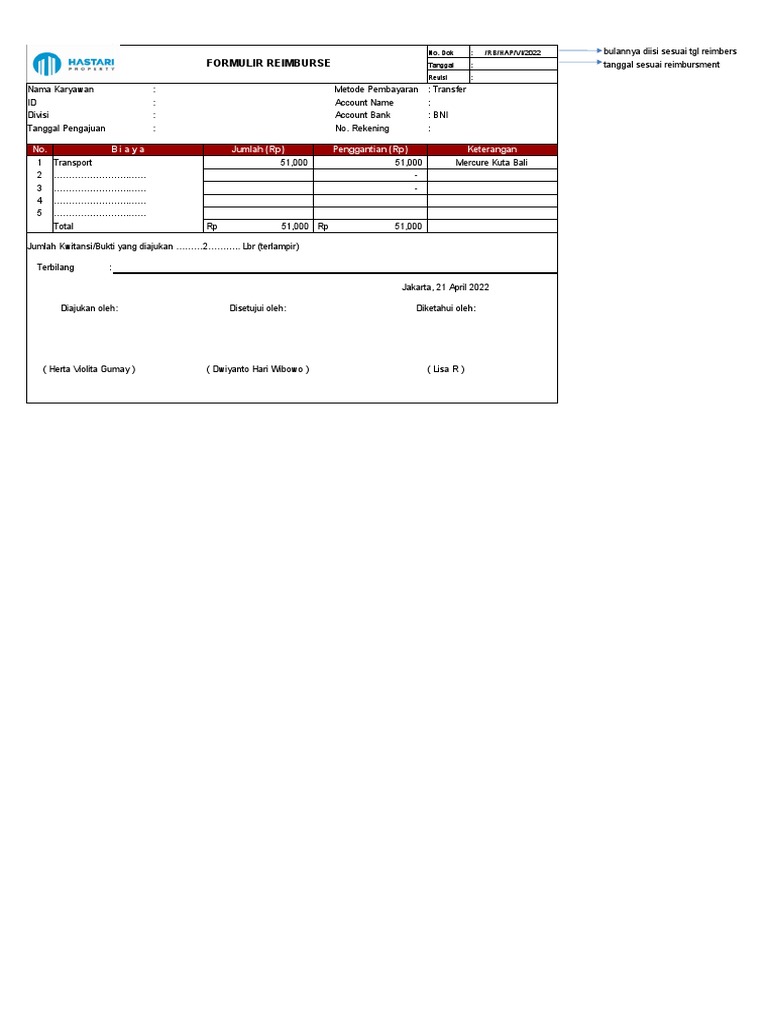 Formulir Reimburse Karyawan | PDF