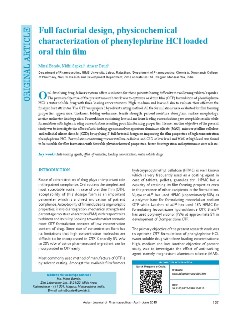 Full Factorial Design Physicochemical Characterization of Phenylephrine ...