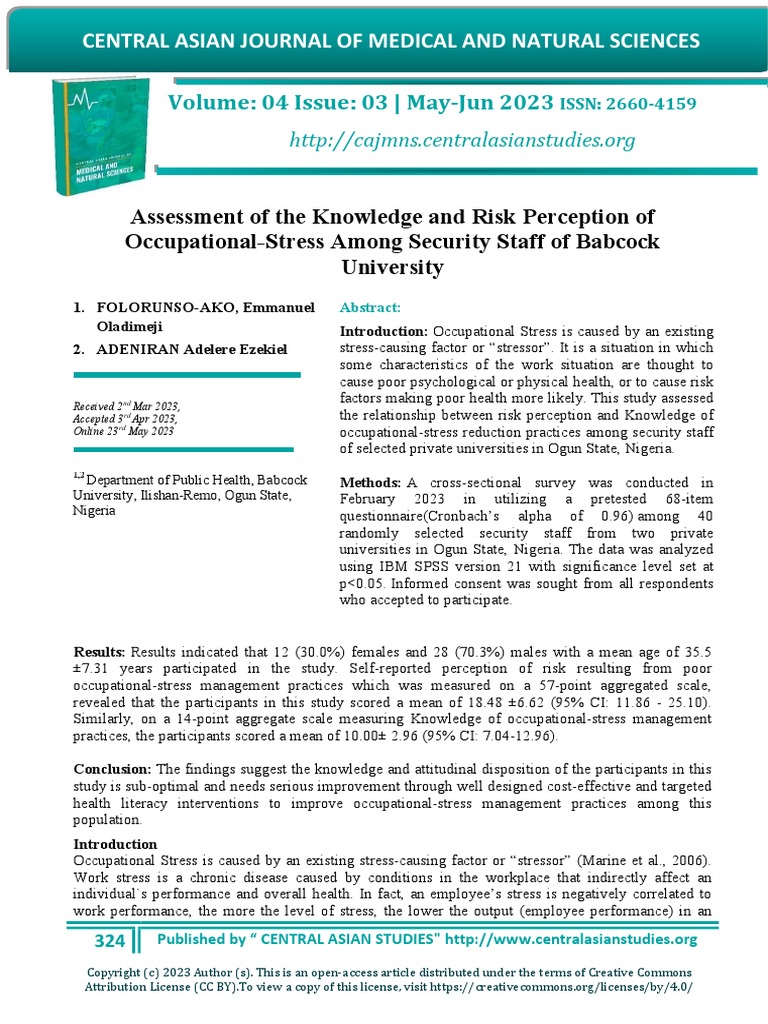 Assessment of The Knowledge and Risk Perception of Occupational-Stress Among Security Staff of ...