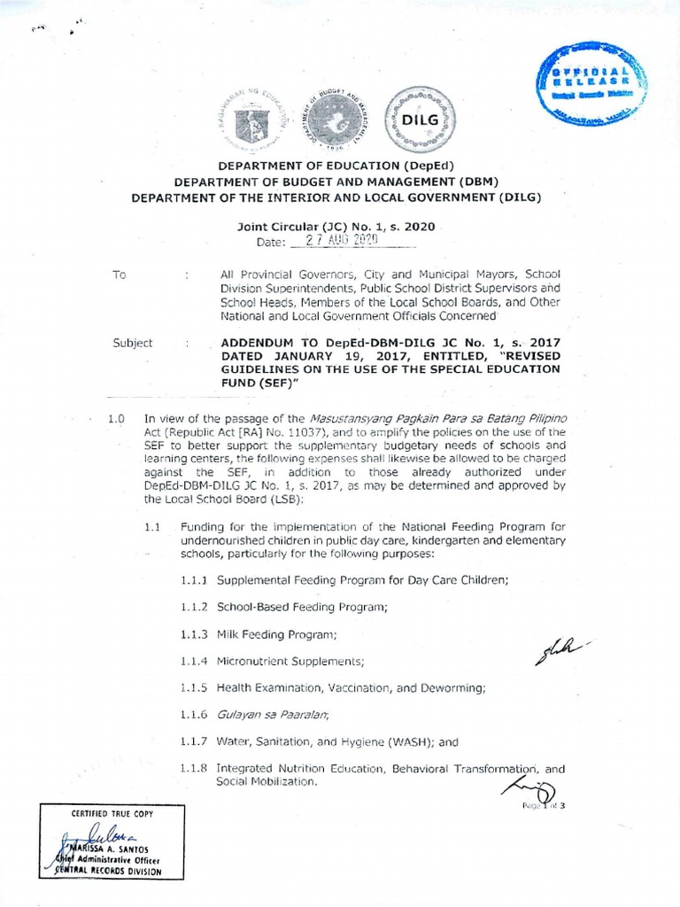 DEPED DBM DILG Joint Circular No 1 S 2020 | PDF | Government