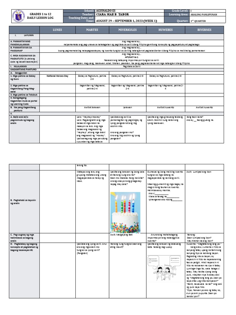 DLL Araling Panlipunan 1 q1 w1 | PDF