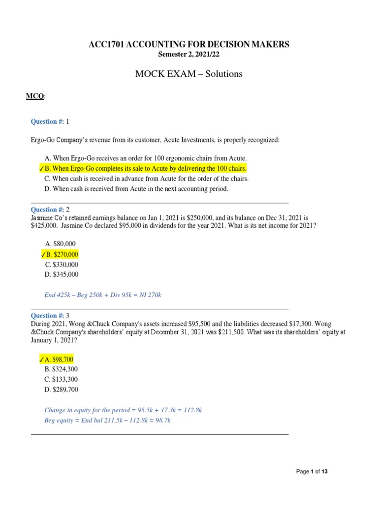 ACC1701 Mock Exam With Solution | PDF | Expense | Debits And Credits