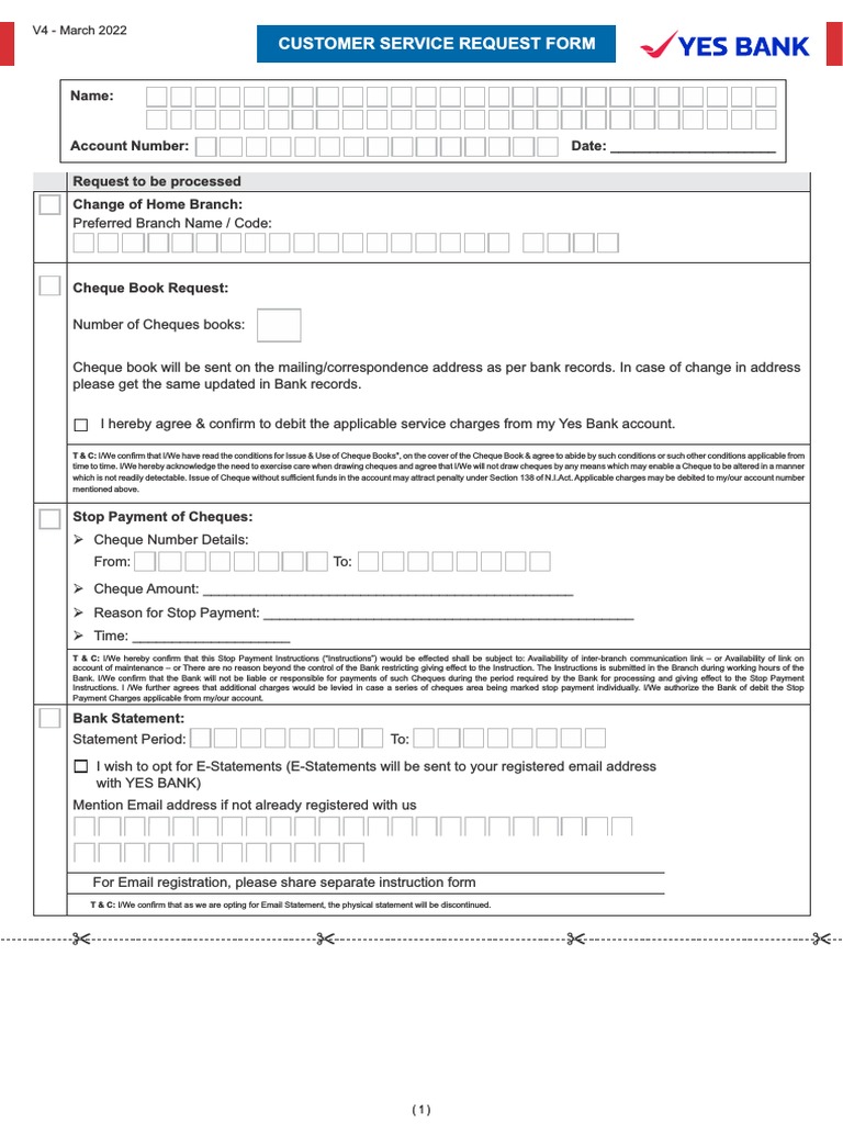 Yb - Customer - Service - Request - Form Yes Bank | PDF