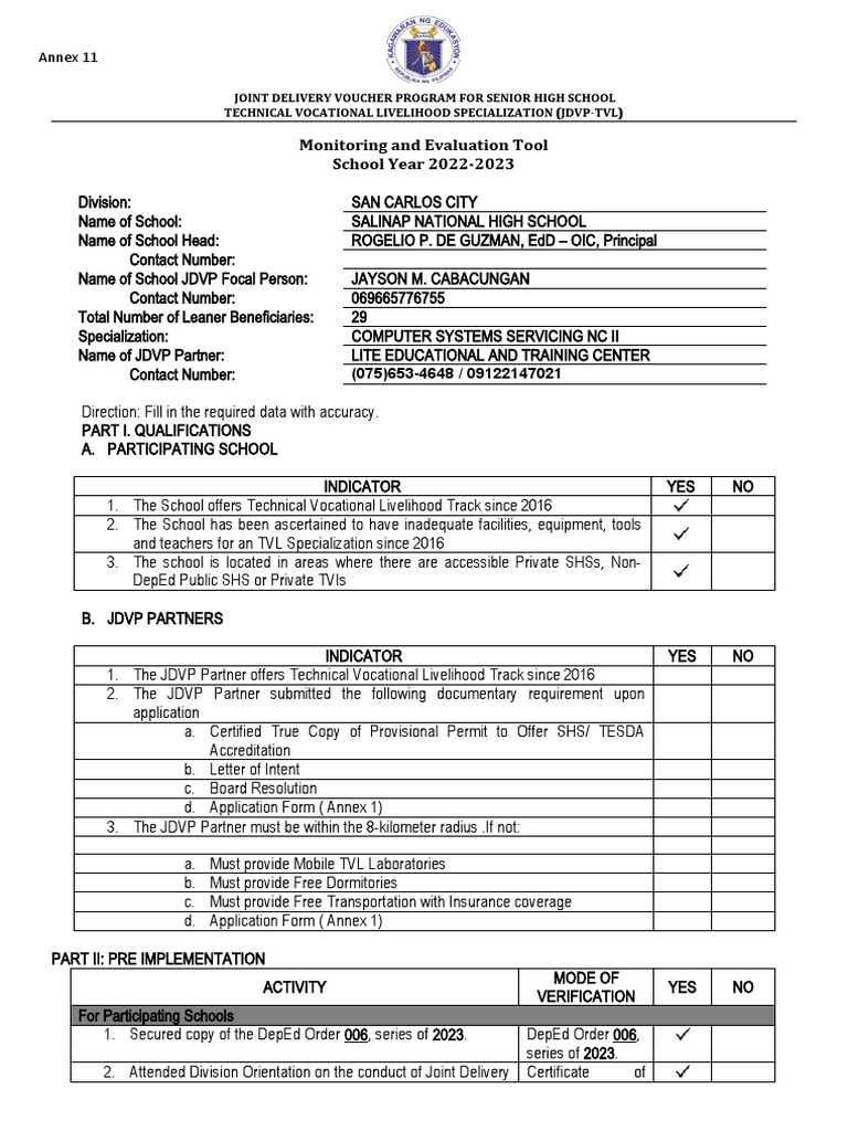 Annex 11 Monitoring and Evaluation Tool | PDF