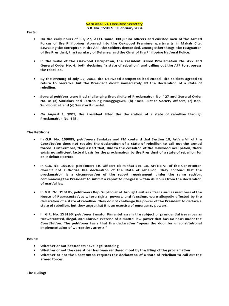SANLAKAS Vs Executive Secretary Case Digest | PDF | Standing (Law ...
