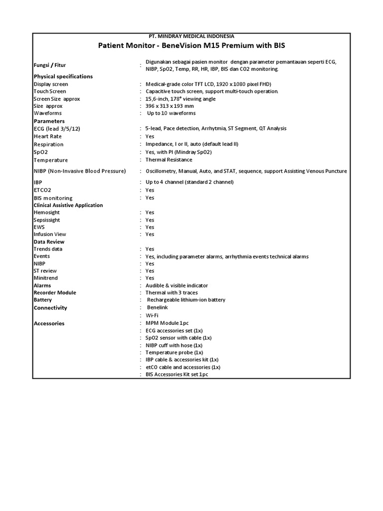 Spesfikasi PM Mindray - BeneVision M15 Premium With BIS | PDF