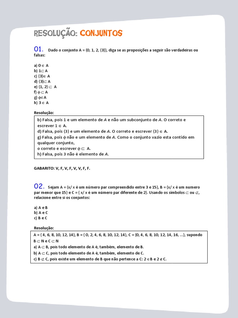 01 - Conjuntos - Resolucao | PDF | Conjunto (Matemática) | Conjunto ...