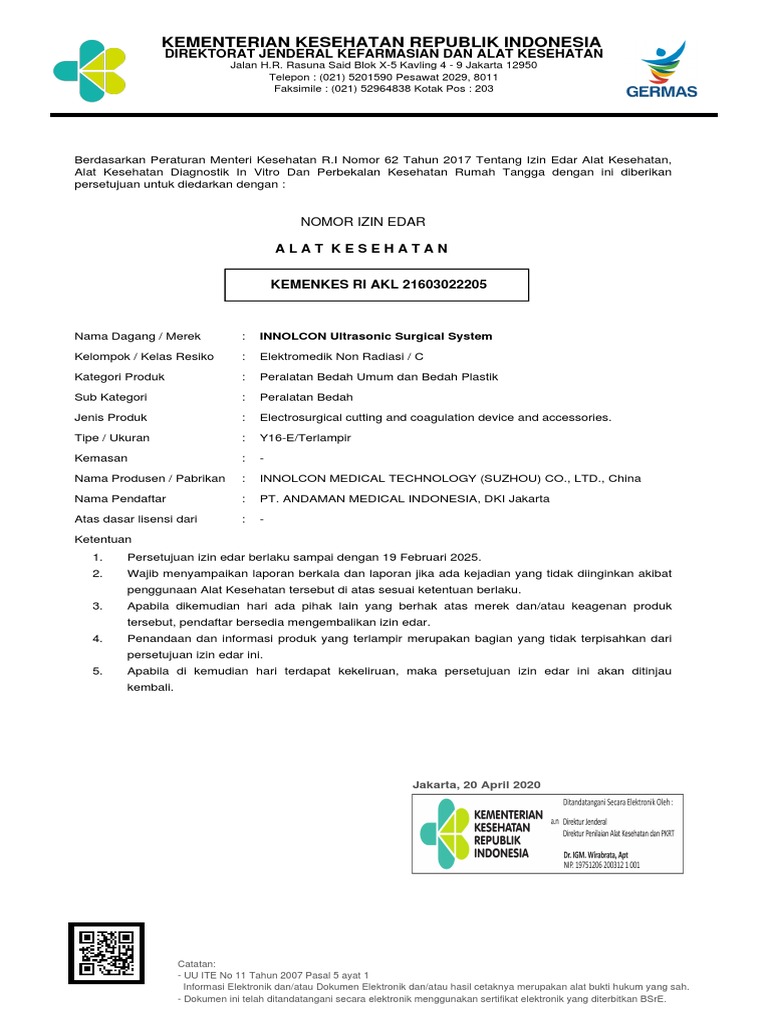 INNOLCON Ultrasonic Surgical System - Product Approval - Indonesia (Exp ...