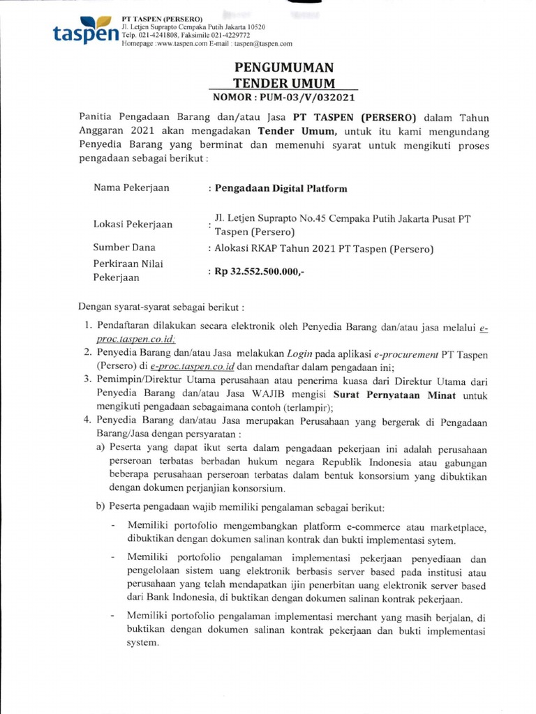 210317171412JPSIROFK - Pengumuman Dan RKS Pengadaan Digital Platform | PDF