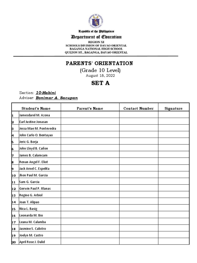 Parents' Orientation Attendance Sheet | PDF
