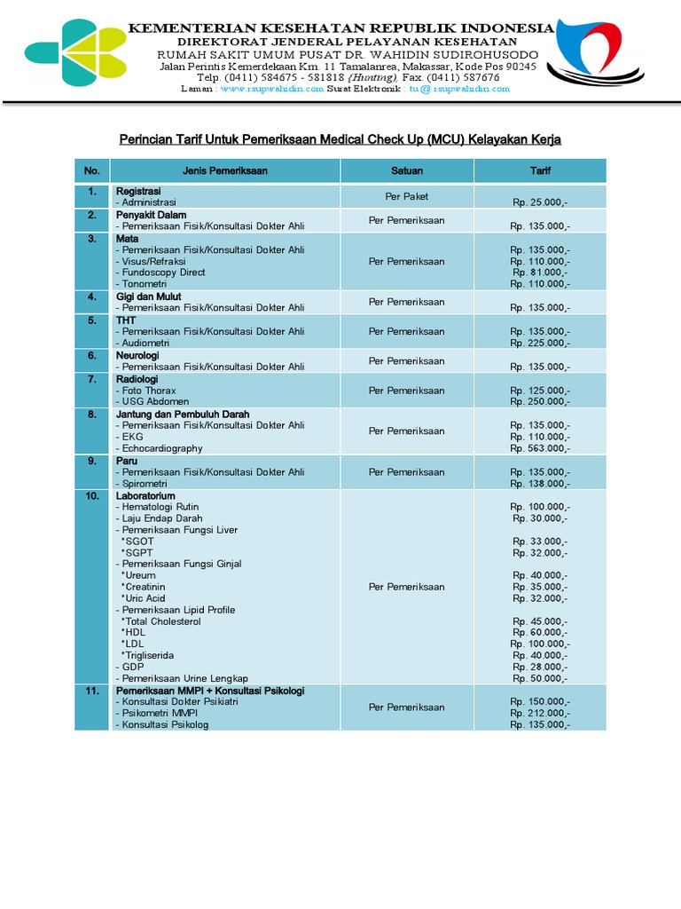 Perincian Tarif Untuk Pemeriksaan Medical Check Up Kelayakan Kerja-1 | PDF