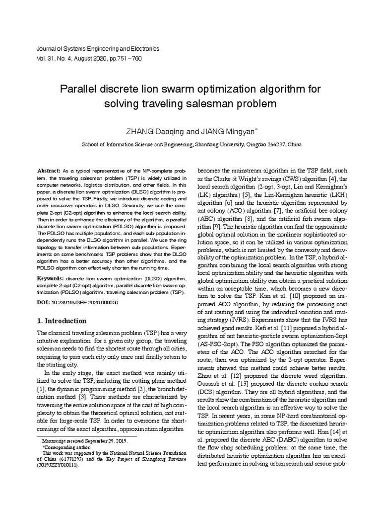 Parallel Discrete Lion Swarm Optimization Algorithm For Solving Traveling Salesman Problem | PDF