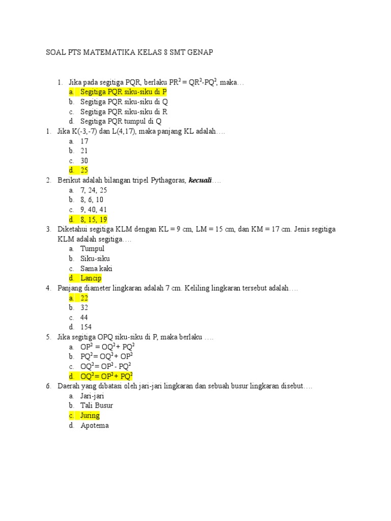 Soal PTS Matematika Kelas 8 SMT Genap | PDF