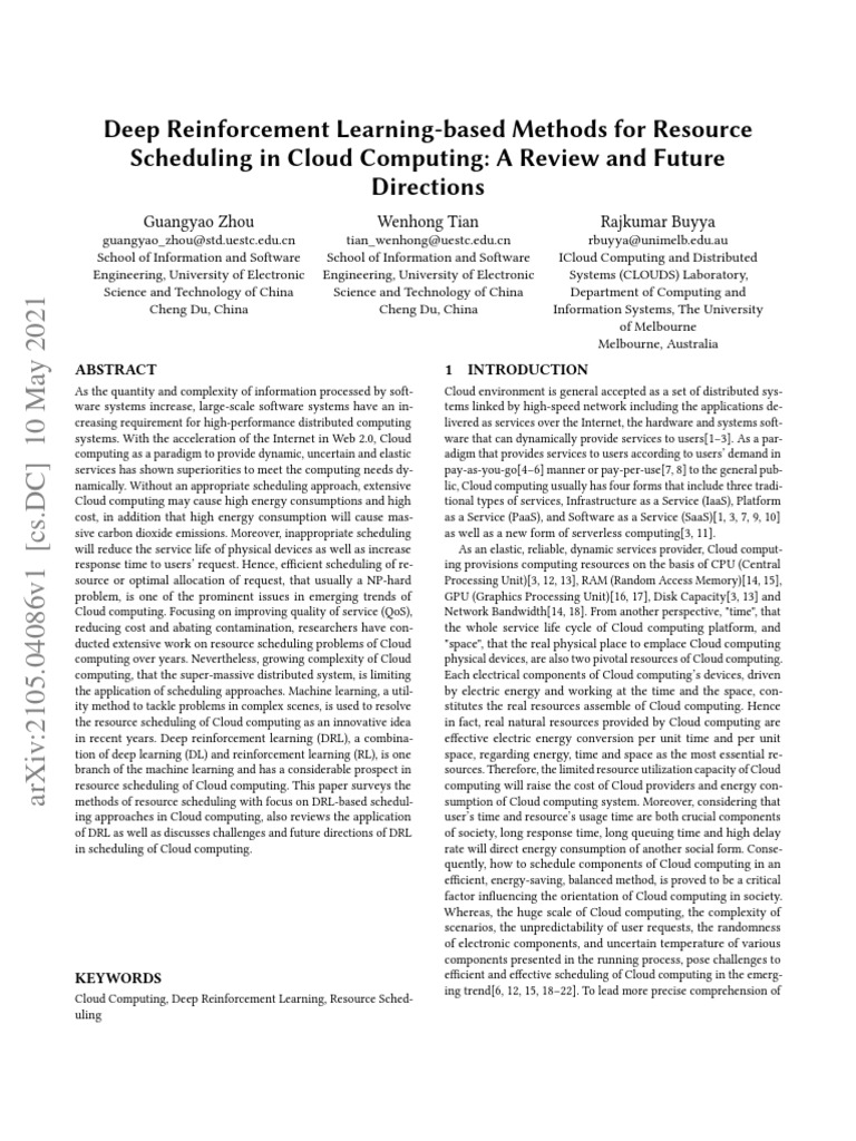 Deep Reinforcement Learning-Based Methods For Resource Scheduling in Cloud Computing: A Review ...