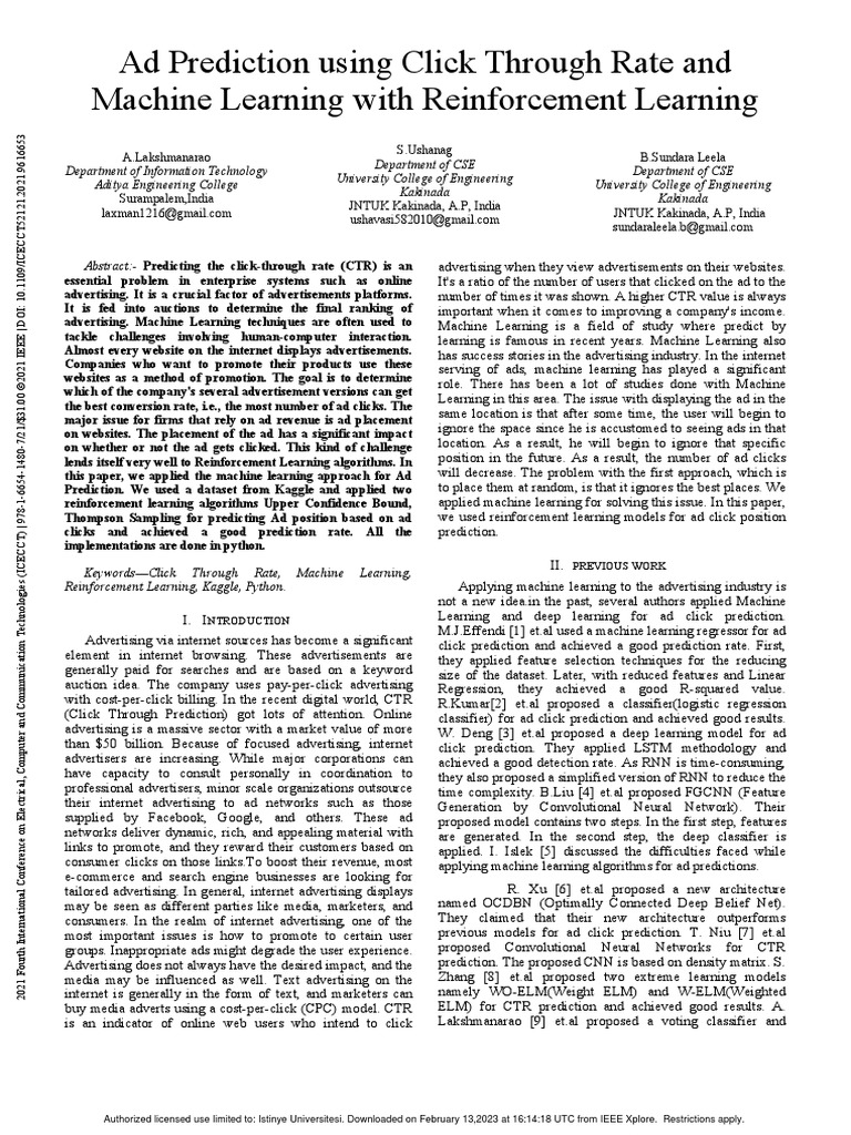 Ad Prediction Using Click Through Rate and Machine Learning With Reinforcement Learning | PDF ...