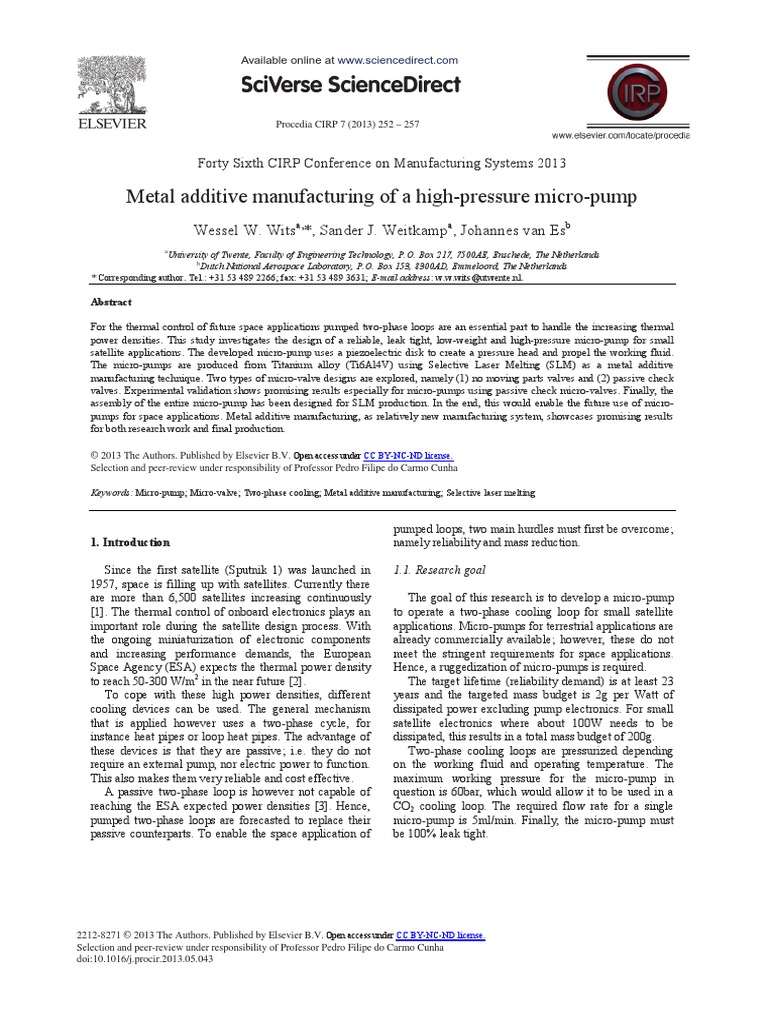 Metal Additive Manufacturing of A High Pressure Micro Pump - 2013 ...