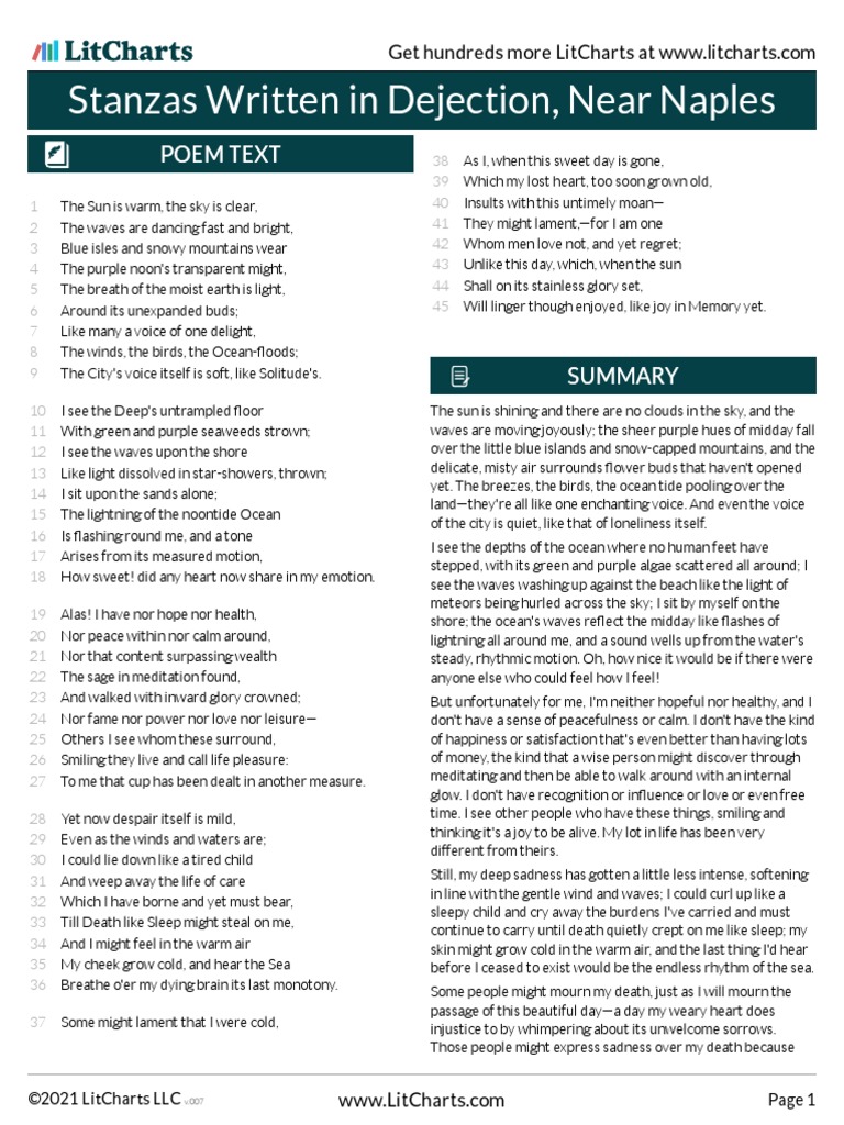 LitCharts Stanzas Written in Dejection Near Naples | PDF | Metre ...