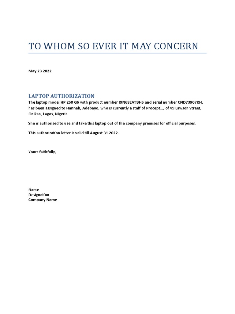 Laptop Authorization Letter | PDF
