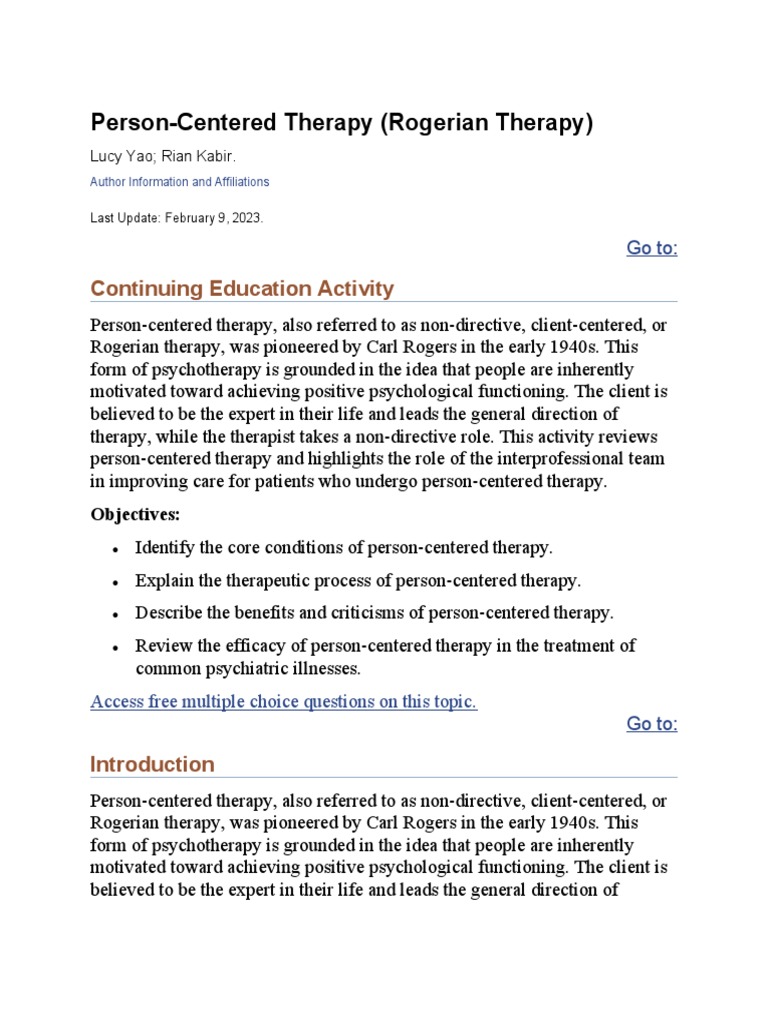 Person Centered Therapy | PDF | Psychotherapy | Cognitive Behavioral ...