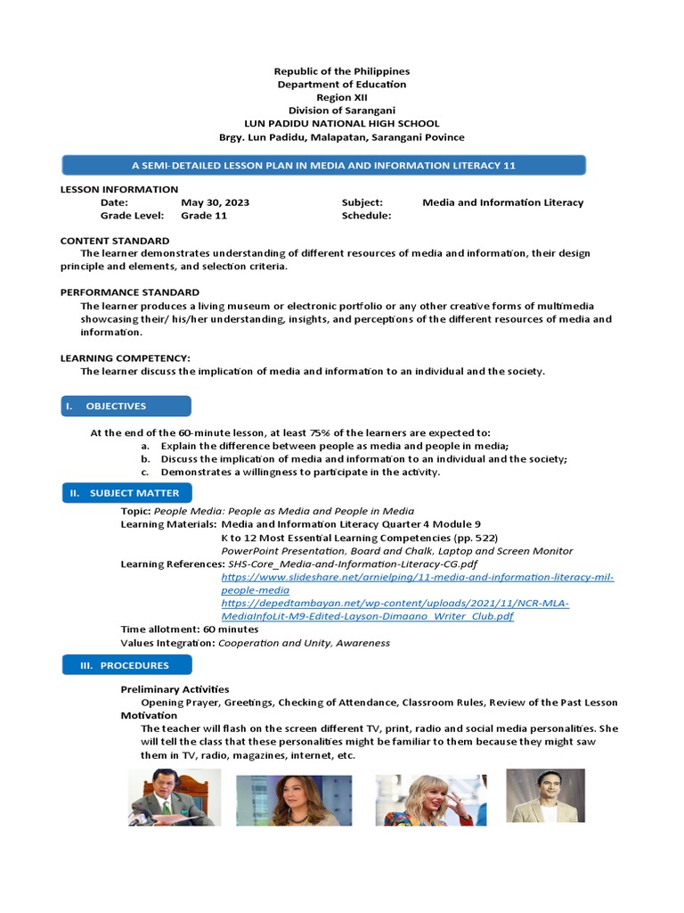 Media Literacy Lesson Plan for Grade 11 | PDF | Social Media | Popular ...