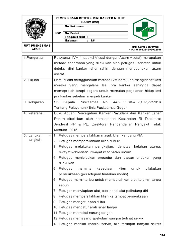 Sop. Pemeriksaan Deteksi Dini Kanker Mulut Rahim (Iva) | PDF