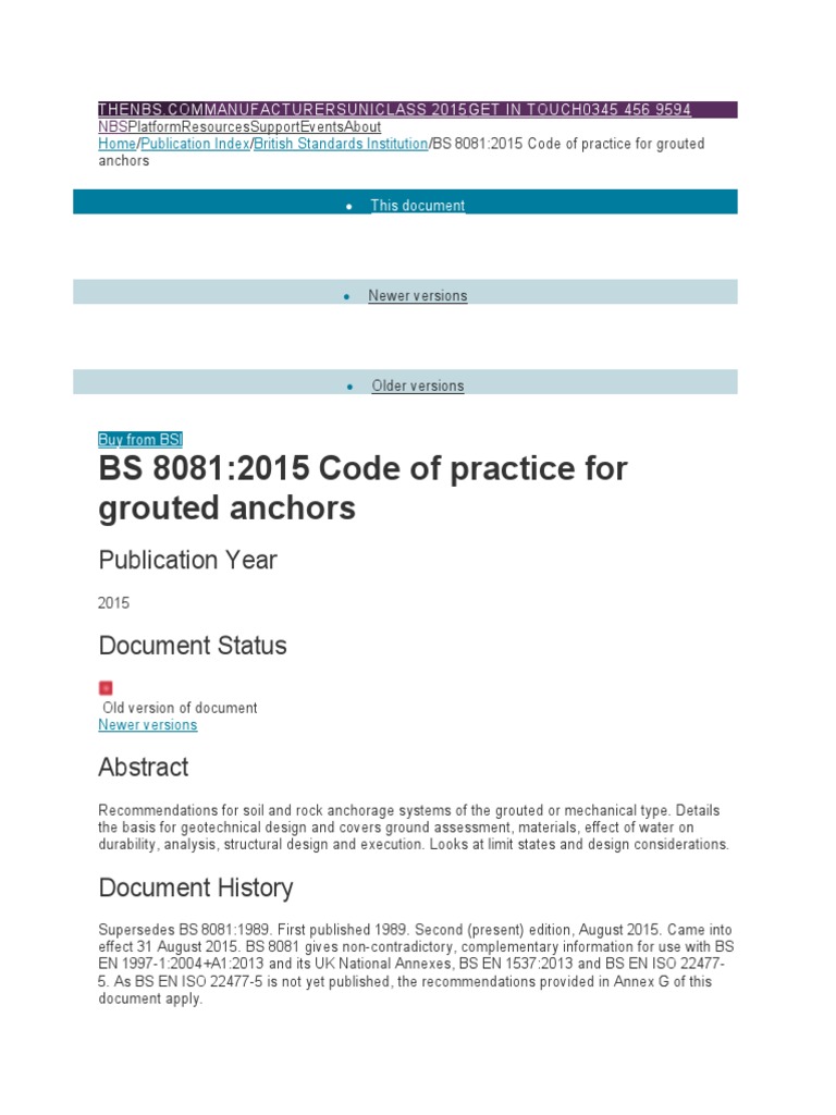 BS 8081:2015 Code of Practice For Grouted Anchors: Publication Year Document Status | PDF ...