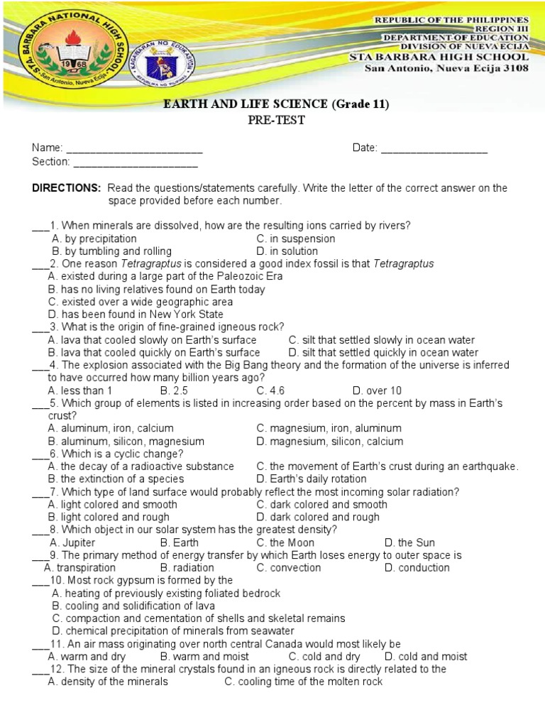 Earth and Life Science Pretest | PDF