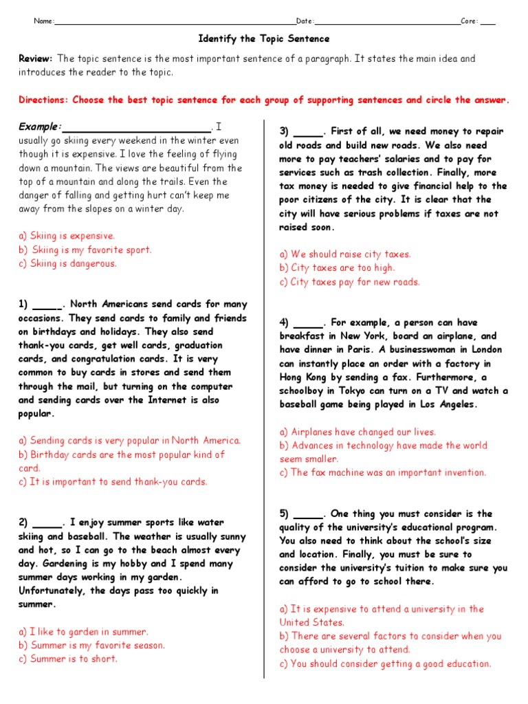 Topic Sentence Identification Exercises | PDF | Sports & Recreation ...