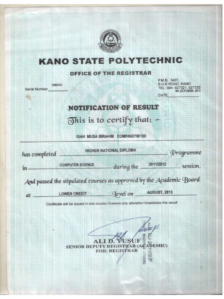 Isah Musa Ibrahim HND Certificate | PDF