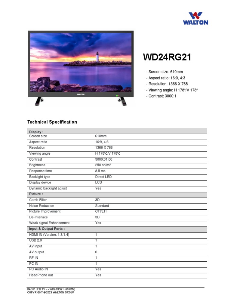 Datasheet - Walton TV WD24RG21 | PDF | Display Resolution | Digital Audio