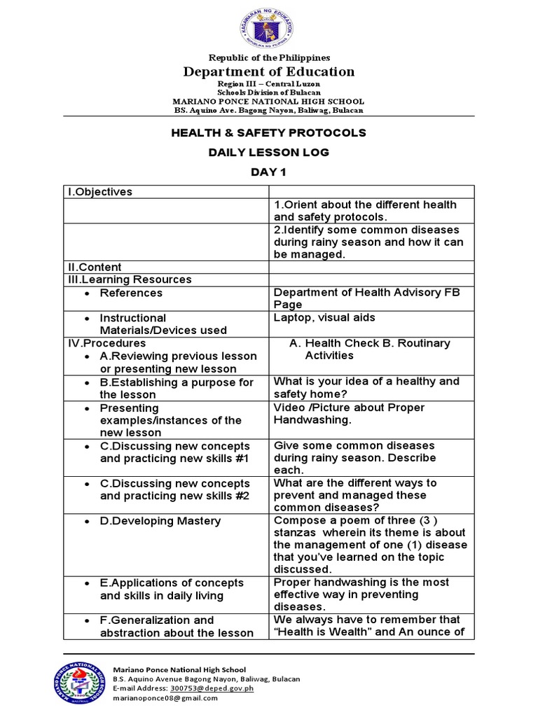 DLL - Heath and Safety Protocols S.Y. 2023 2024 | PDF | Self-Improvement