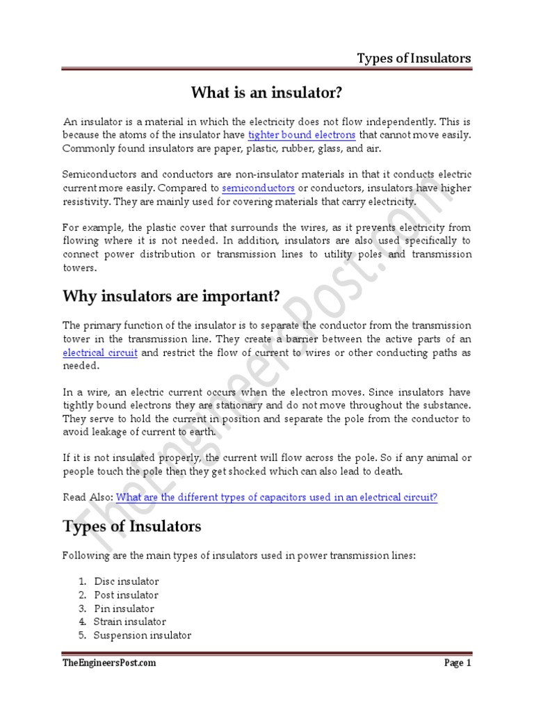 Types of Insulators | PDF | Insulator (Electricity) | Electrical Conductor