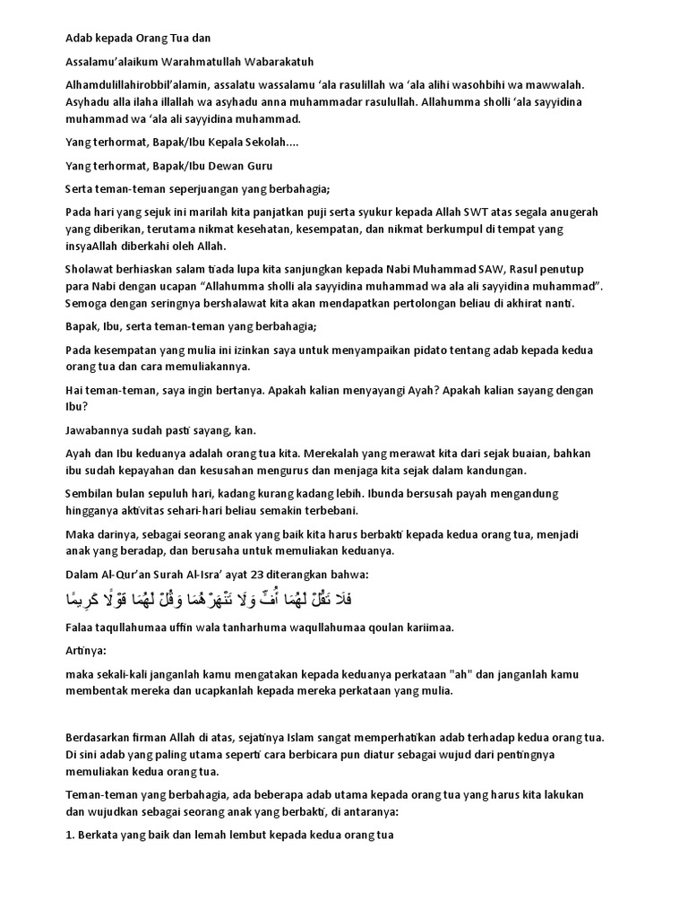 Pidato Adab Kepada Orang Tua Dan | PDF
