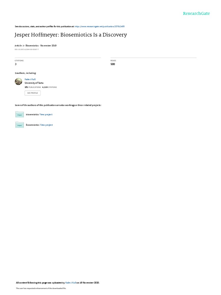 Jesper Hoffmeyer: Biosemiotics Is A Discovery | PDF