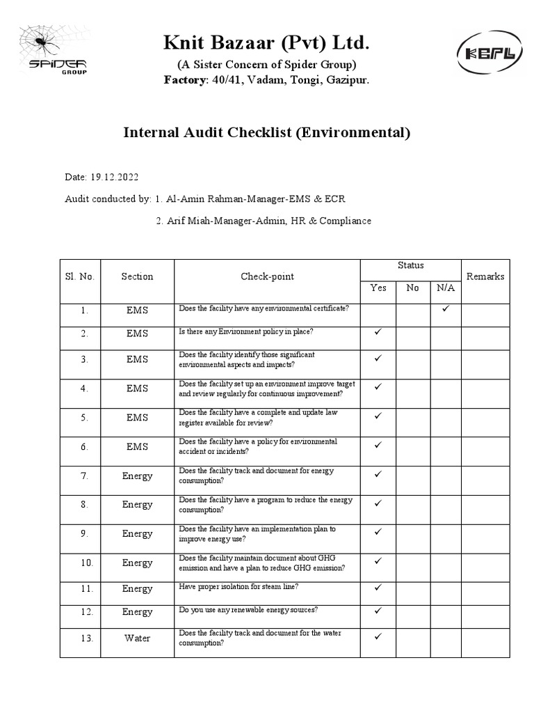 EMS-80. Internal Audit Check List-KBPL | PDF | Waste | Water