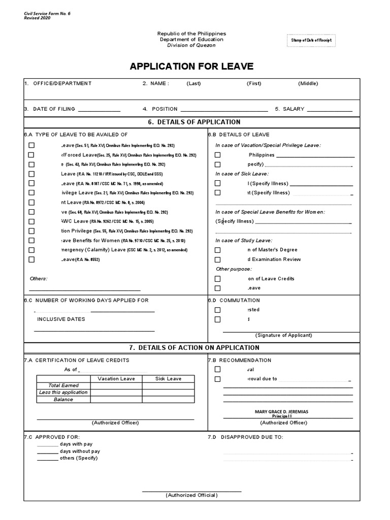 CS Form No. 6, Revised 2020 (Application For Leave) (Fillable) | PDF | Parental Leave | Childbirth