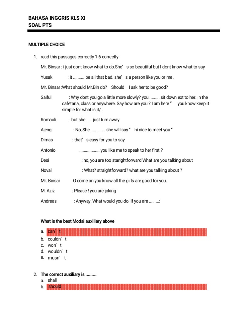Bahasa Inggris Kls Xi Soal PTS: Multiple Choice | PDF