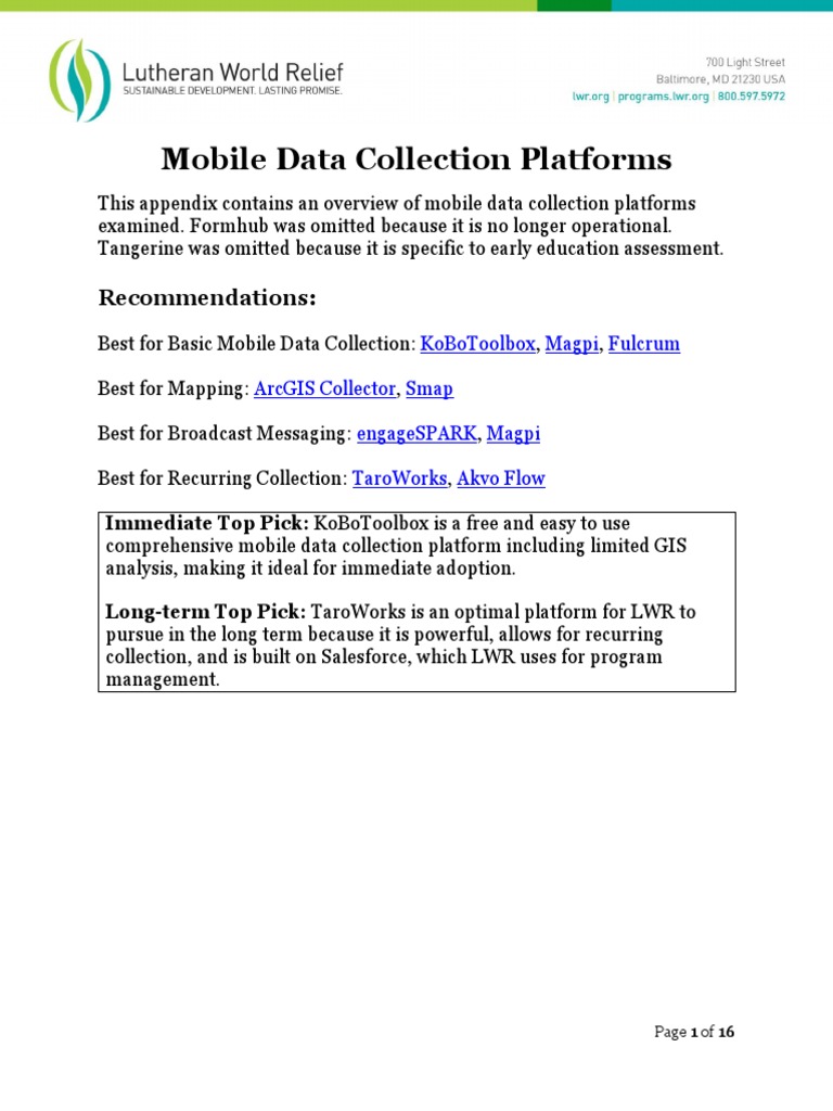Overview of Mobile Data Collection Platforms | PDF