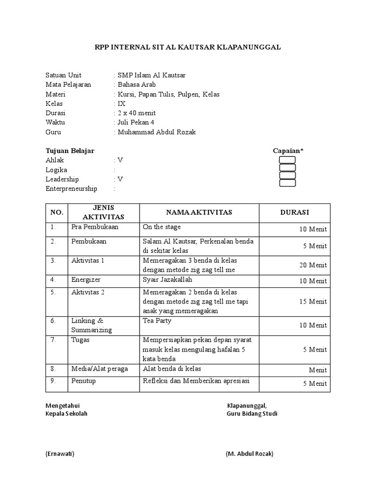 B Arab 9 RPP Internal Sit Al Kautsar Klapanunggal | PDF