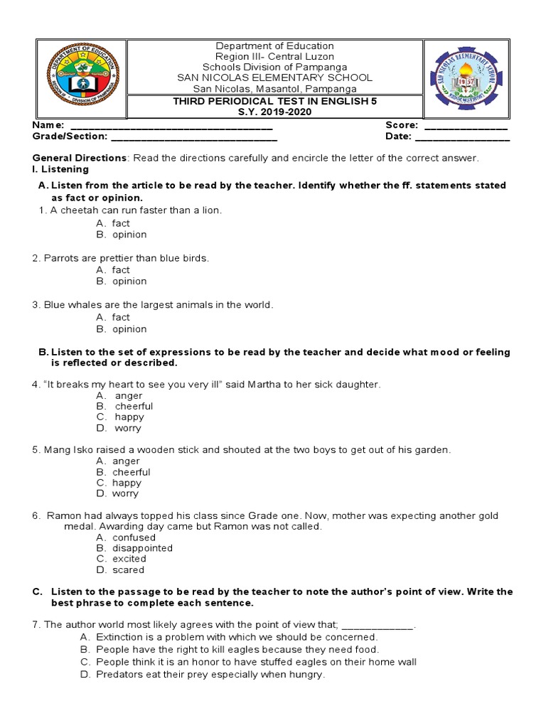 English 5 Examination | PDF