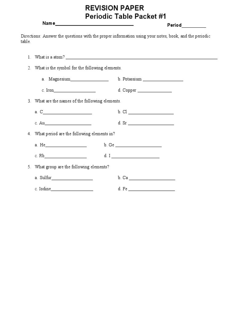 Periodic Table Worksheet #1 | PDF | Chemical Elements | Periodic Table