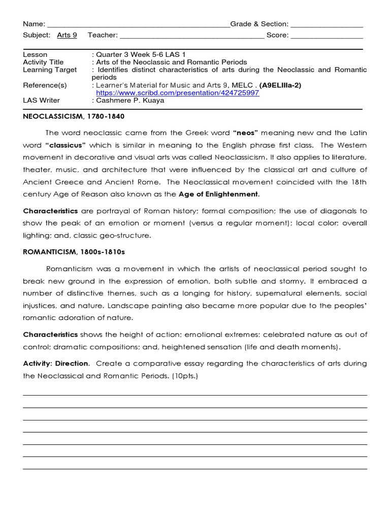Arts9 Q3 Week5&6 LAS1 | PDF | Romanticism | The Arts