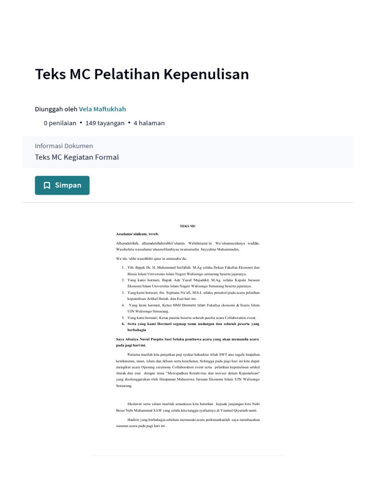 Teks MC Pelatihan Kepenulisan | PDF