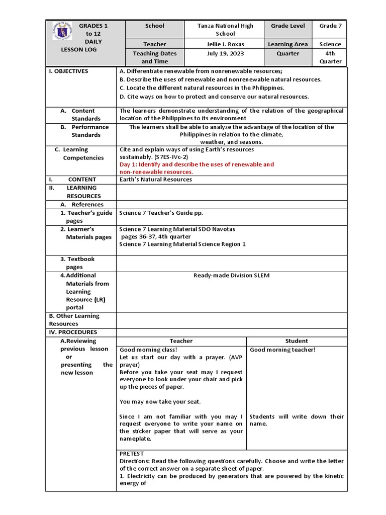 DLP Grade 7 Earth's Natural Resources | PDF | Natural Environment | Nature