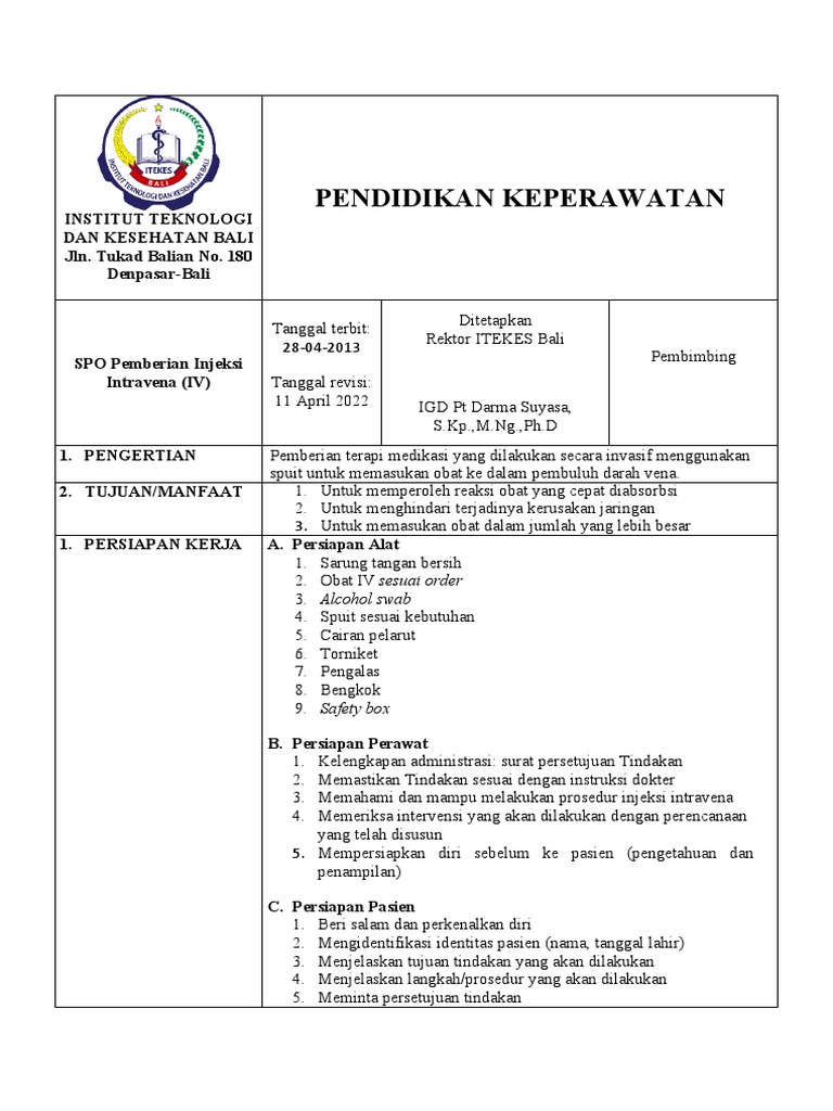 SPO Pemberian Injeksi Intravena (IV) | PDF
