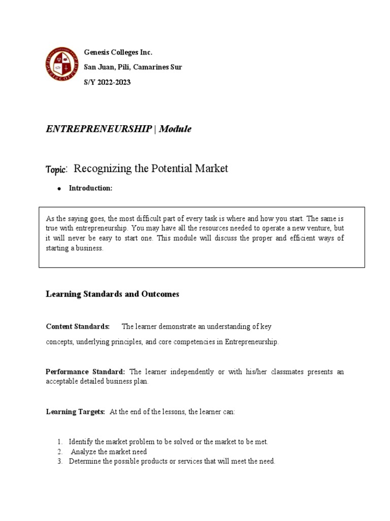 Entrepreneurship Module | PDF | Career & Growth