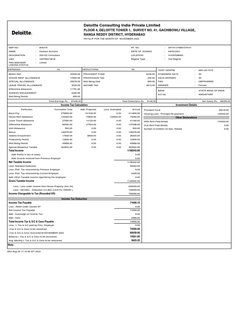 Pay Slip - 604316 - Nov-22 | PDF | Tax Deduction | Taxes