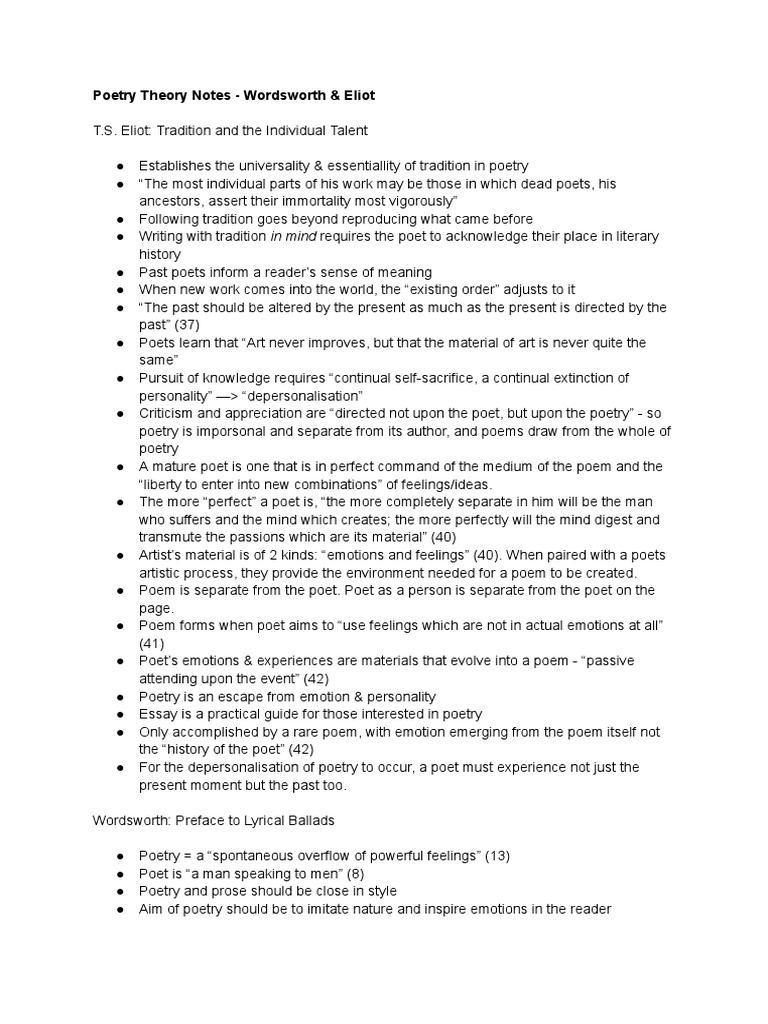 Poetry Theory Notes - Wordsworth & Eliot | PDF | The Arts | Poetry